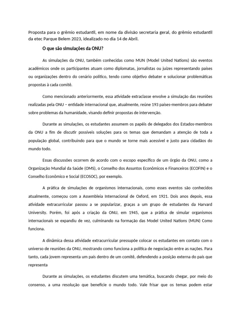 Simulação Da ONU | PDF