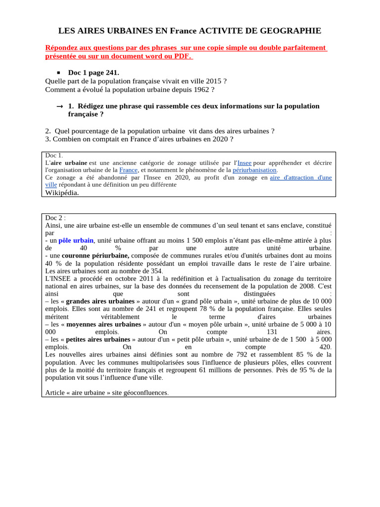 LES AIRES URBAINES EN France ACTIVITE DE GEOGRAPHIE | PDF | Planning ...