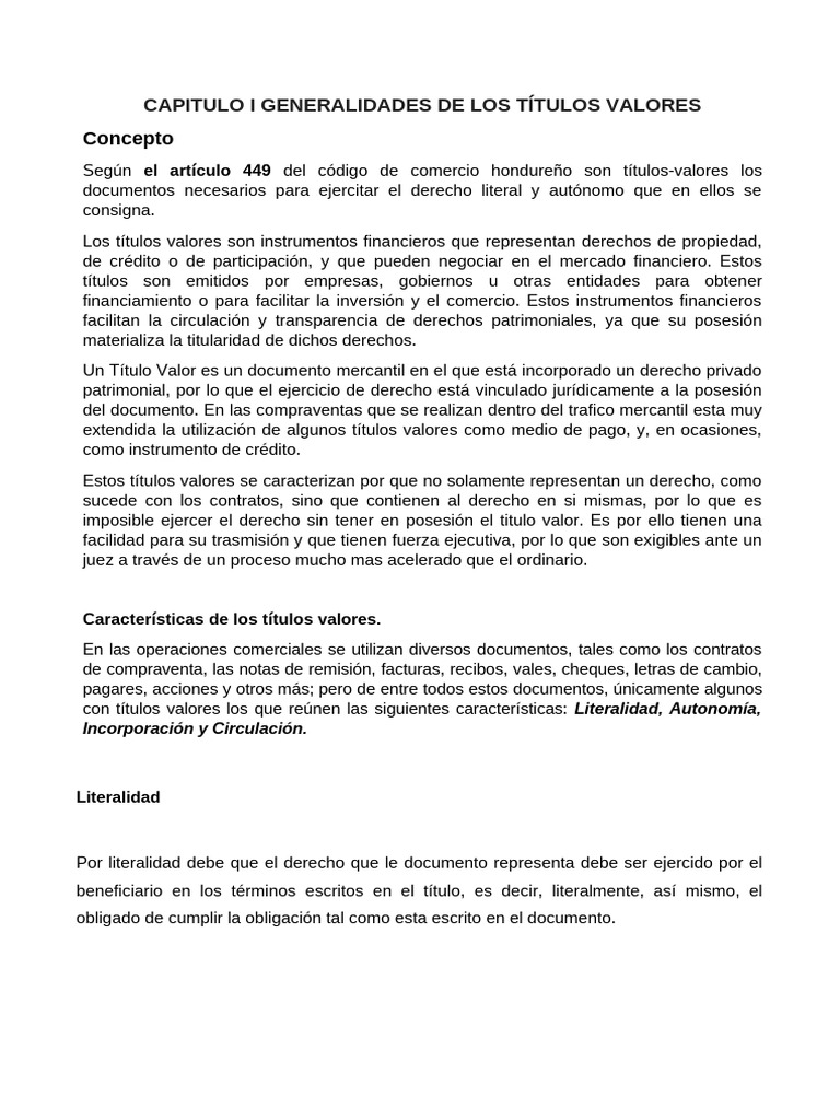 Capitulo I Generalidades de los Títulos valores | PDF