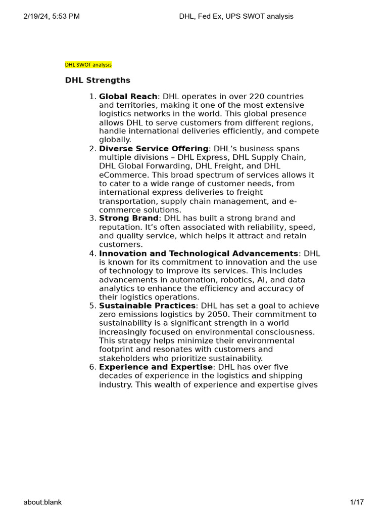 DHL, Fed Ex, UPS SWOT Analysis | PDF