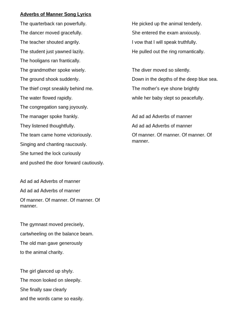 Adverbs of Manner Song Lyrics | PDF