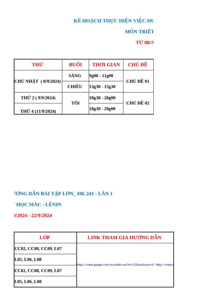HK 241 - T9 - 2024 - Thời Gian Hướng Dẫn BTL - THML | PDF