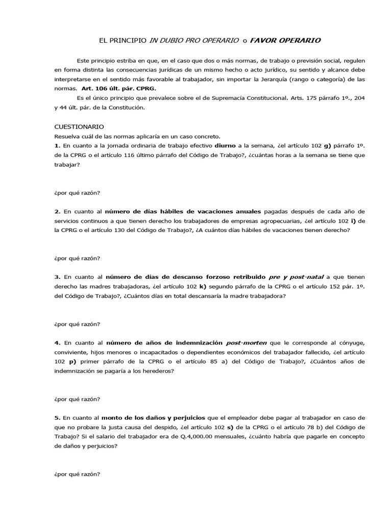 Principio In Dubio Pro Operario en Derecho Laboral | PDF