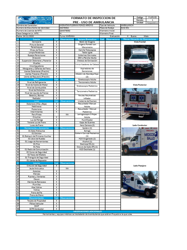 F-UPS-55 Formato de Inspeccion de Pre Uso de Ambulancia | PDF