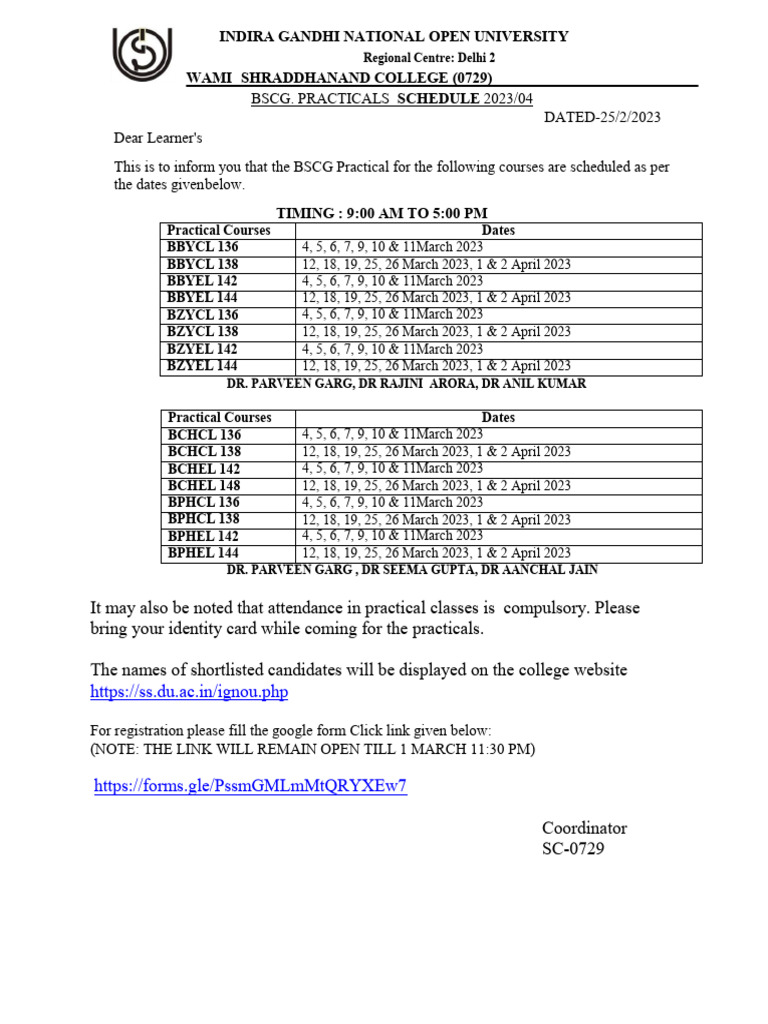 Ignou Practical Schedule 2023-04 | PDF