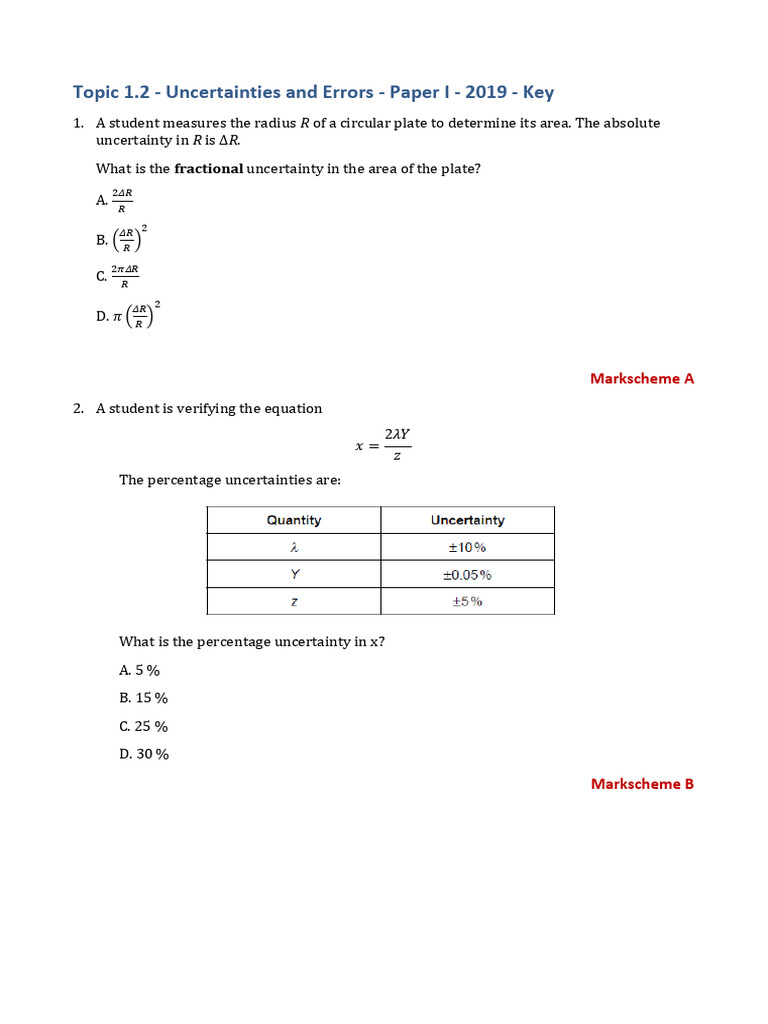 Uncertainties & Errors - Paper I - 2019 - Key | PDF