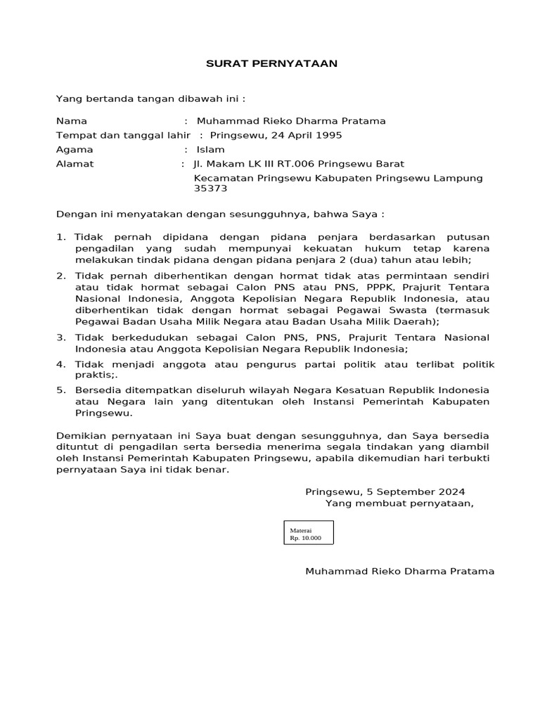 Format Surat Pernyataan 5 point | PDF Format Surat Pernyataan 5 point | PDF