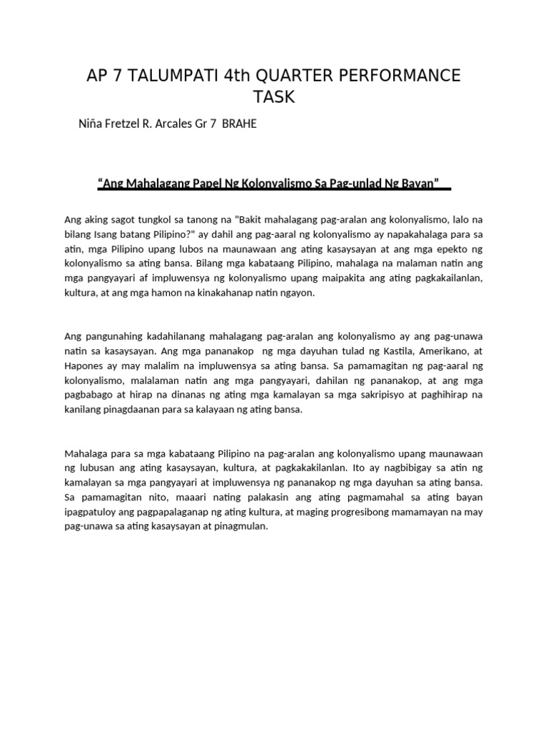 AP 7 TALUMPATI 4th QUARTER PERFORMANCE TASK | PDF