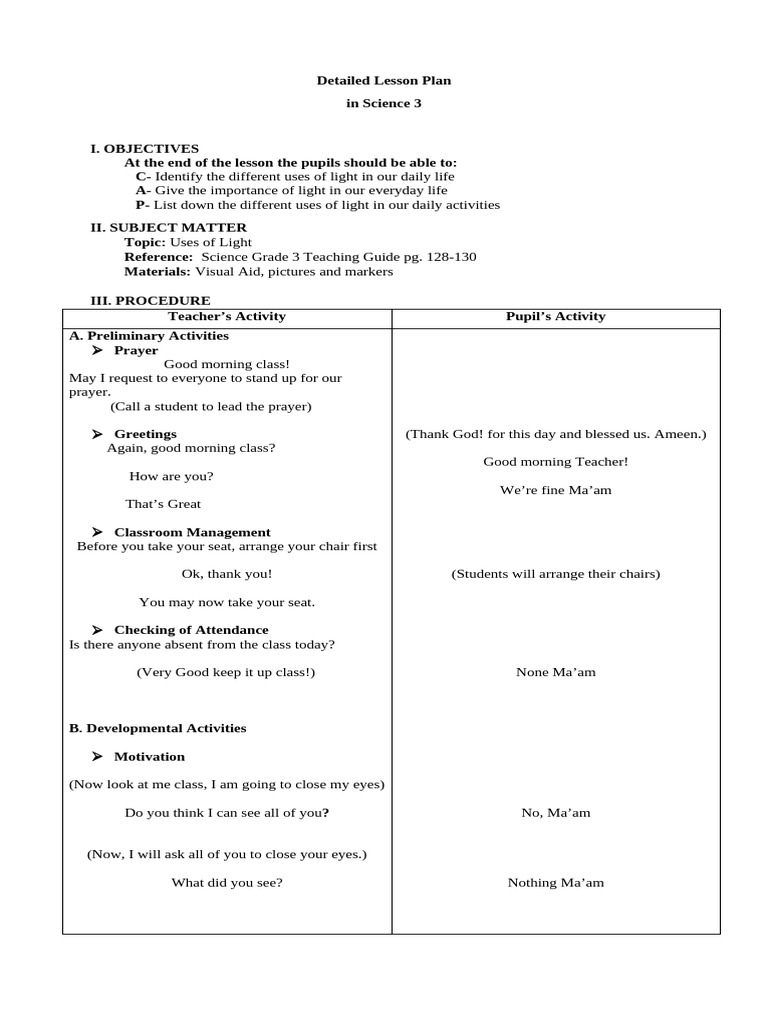 Detailed Lesson Plan in Science 3 For Practice Teaching 2 | PDF ...