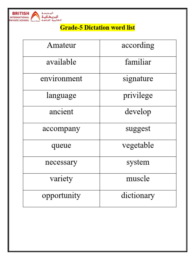Grade -5 dictation word list | PDF