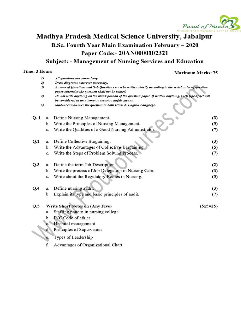 2020 B Sc 4th Management Of Nursing Service And Edu Mpmsu Pdf