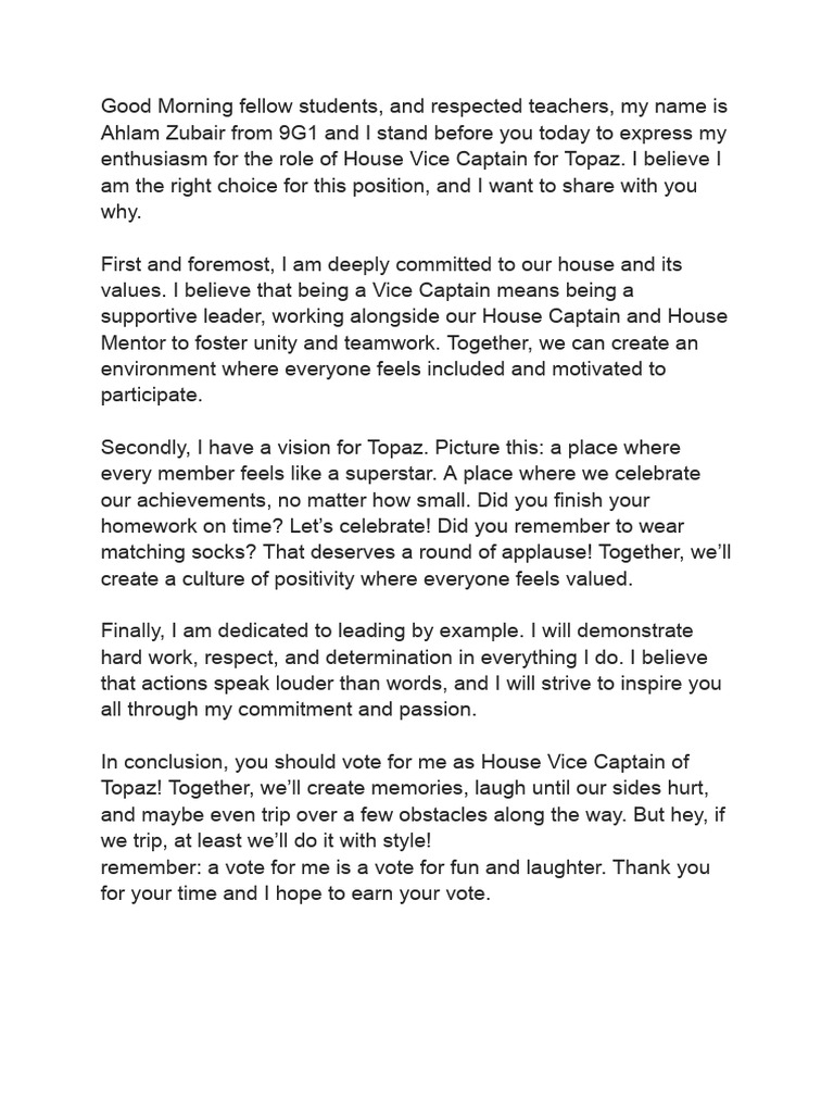 House Vice Captain Speech | PDF