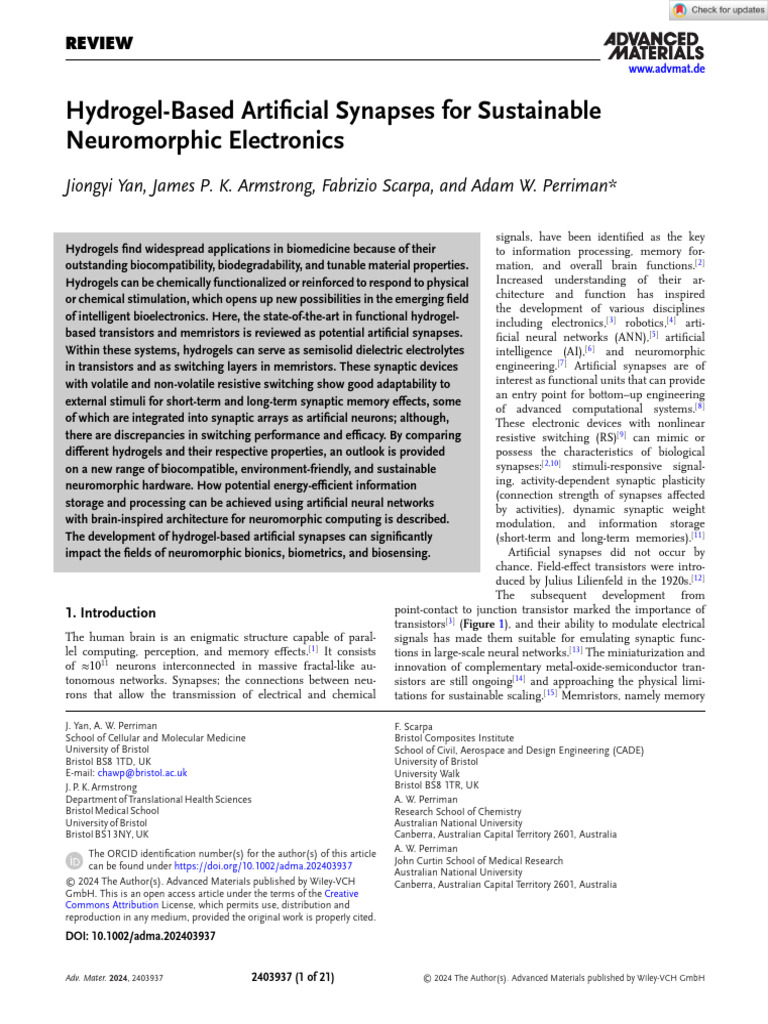 5822 - Yan - Hydrogel Based Artificial Synapses For Sustainable Neuromorphic Electronics | PDF ...