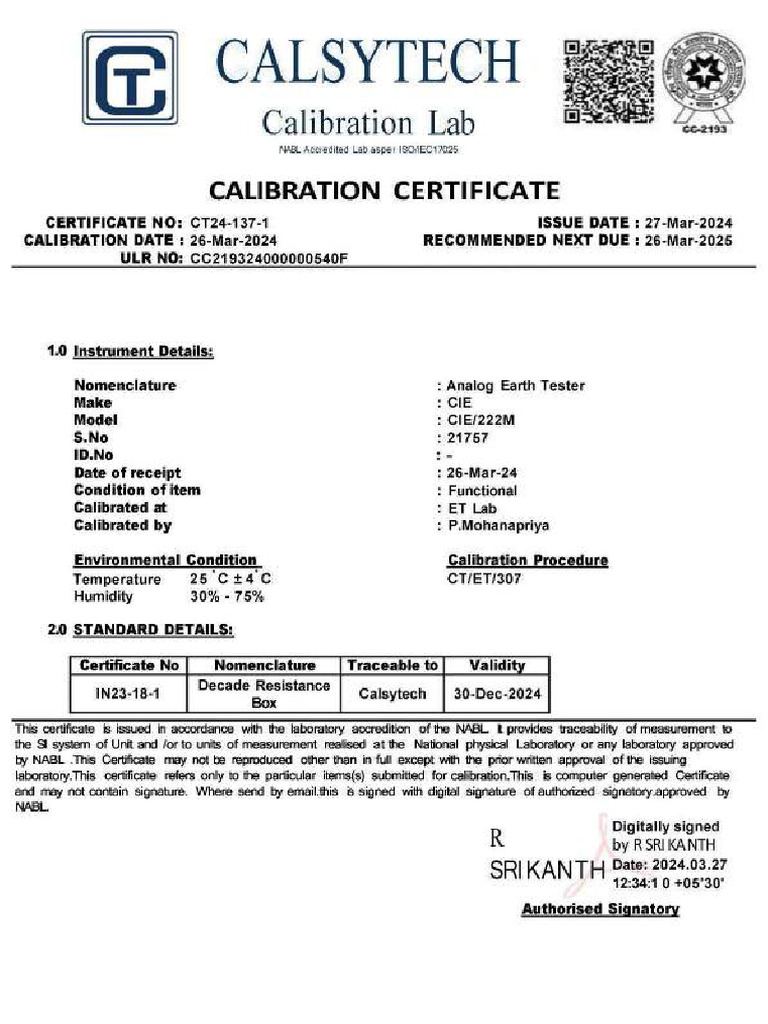 Calibration Certificate For Analouge Earth Tester | PDF