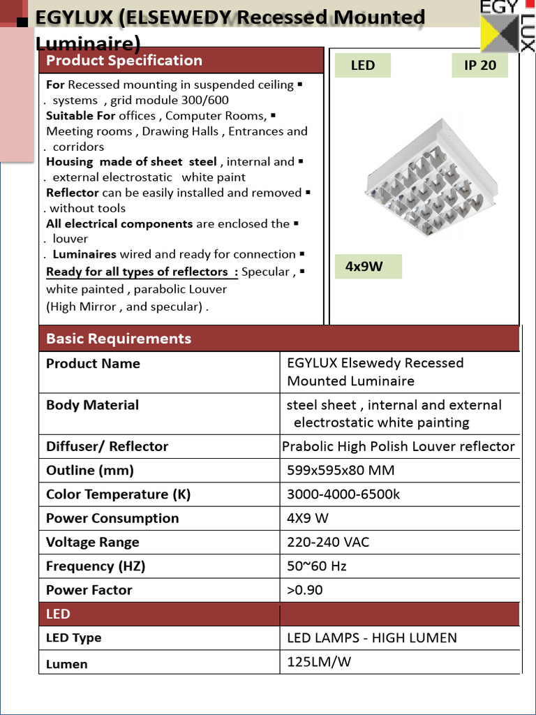 446 - Elsewedy - Recessed - Louver - 4x9 - IP20 - HIGH LUMEN | PDF