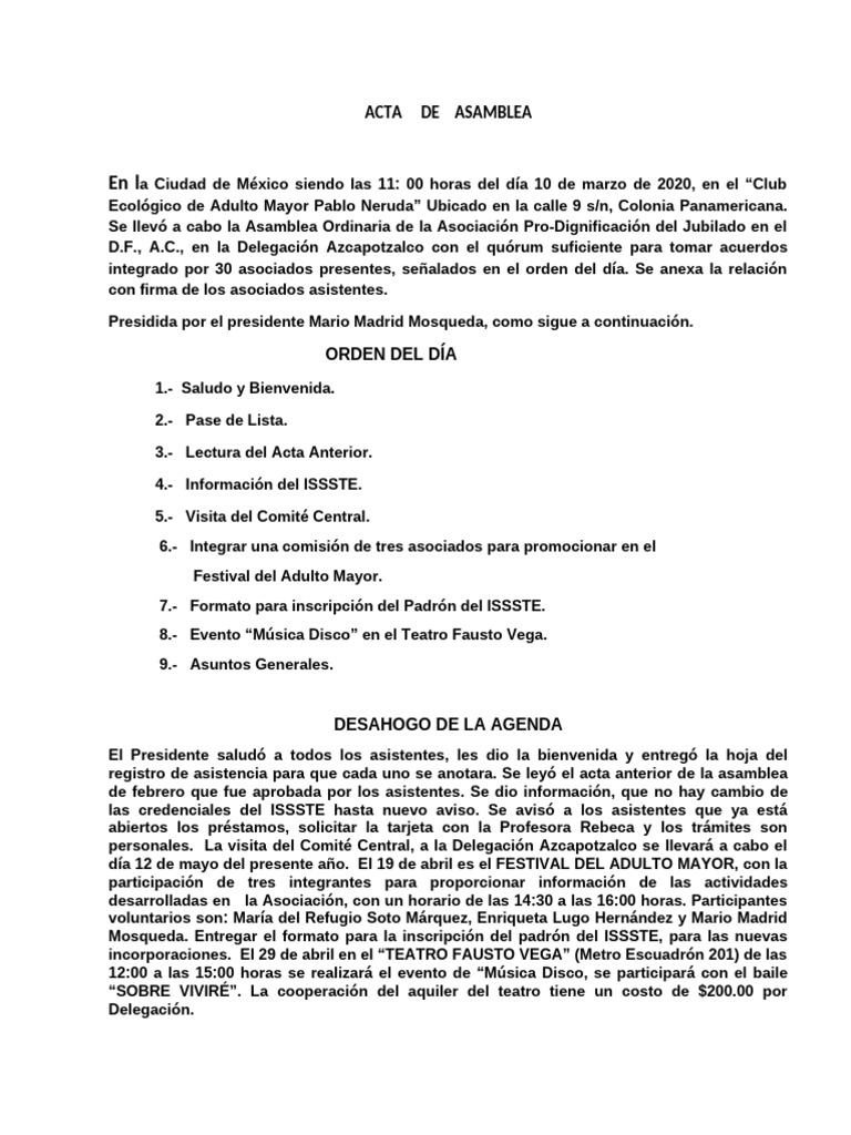 Acta de Asamblea Marzo | PDF