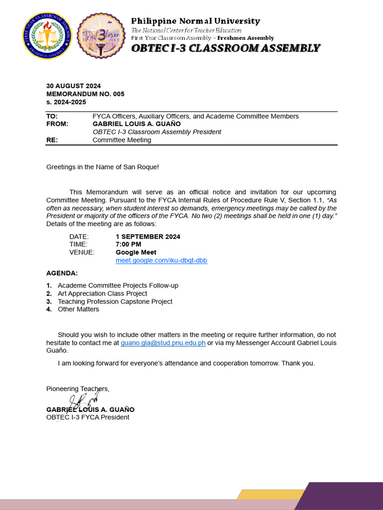 MEMORANDUM NO. 005 s. 2024-2025 | PDF