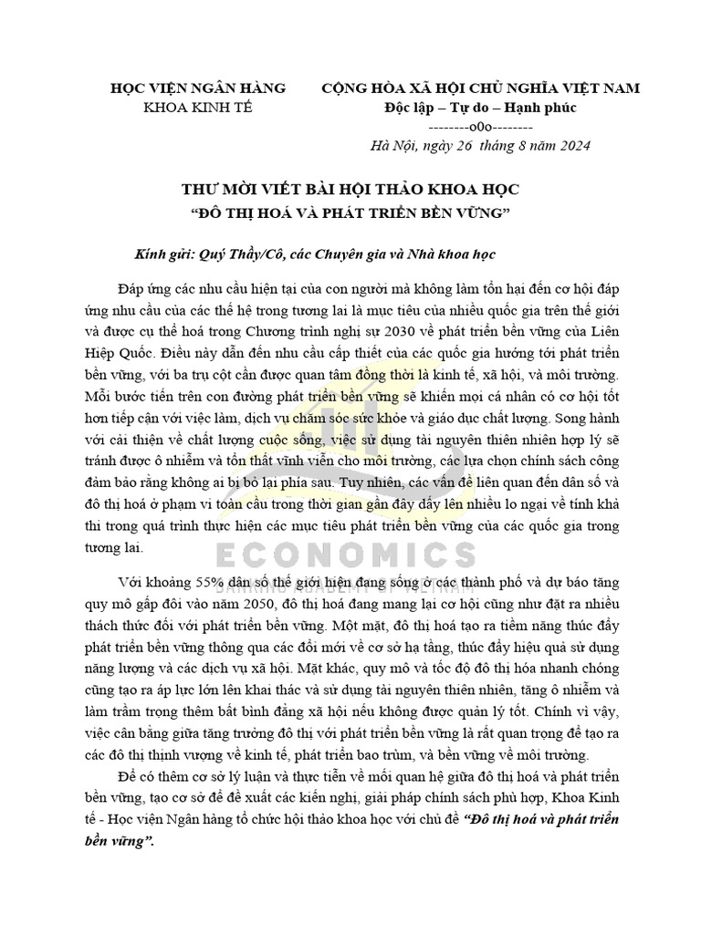 K KT Thu Moi Viet Bai Hoi Thao Khoa Hoc Khoa Kinh Te 2024 | PDF