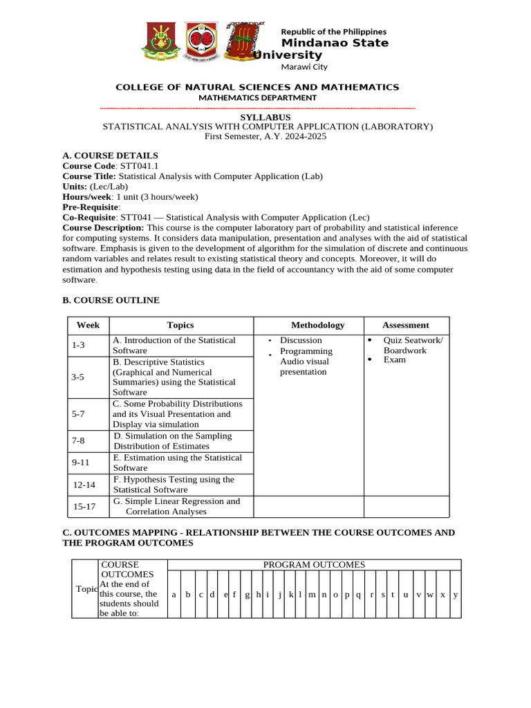 Syllabus in STT041.1 1st Sem AY 2024 2025 | PDF