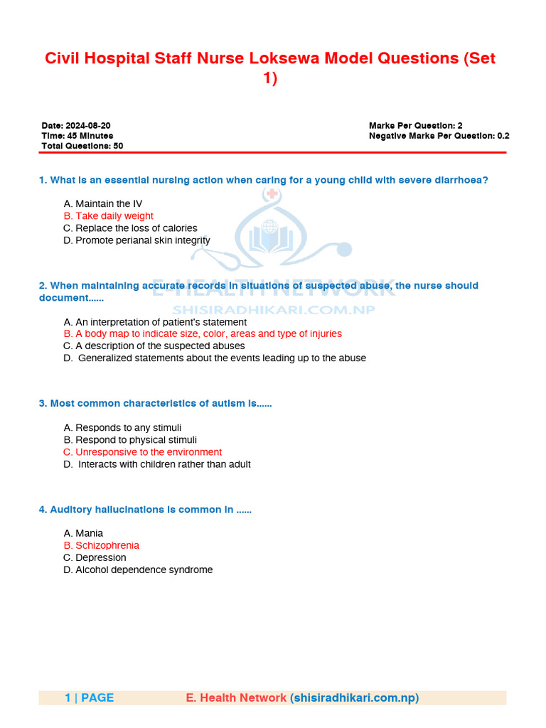 Civil Hospital Staff Nurse Exam MCQs | PDF | Childbirth | Vagina
