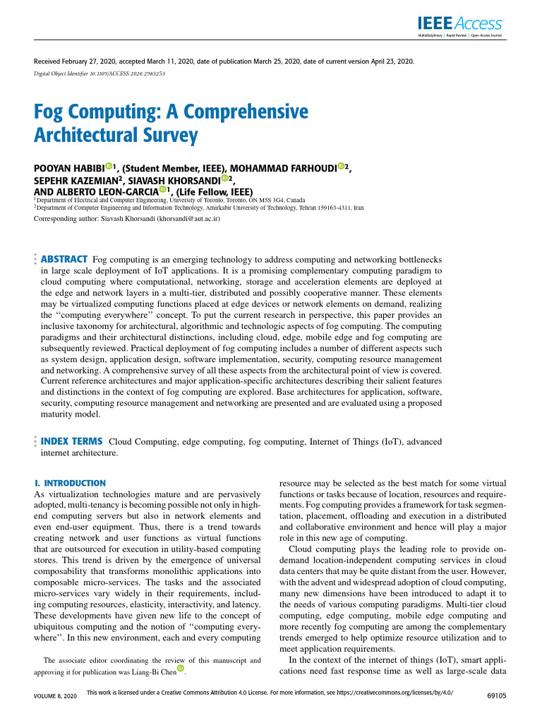 Fog Computing A Comprehensive Architectural Survey | PDF