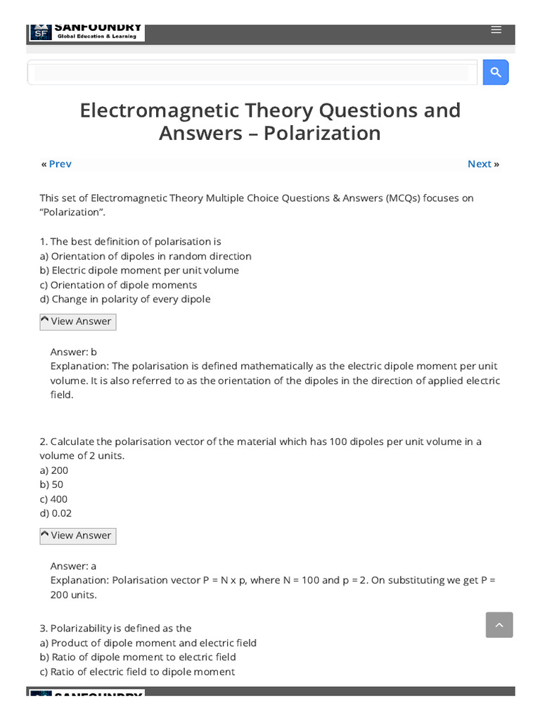 Polarization ElectromagneticTheoryQuestionsandAnswers Sanfoundry ...
