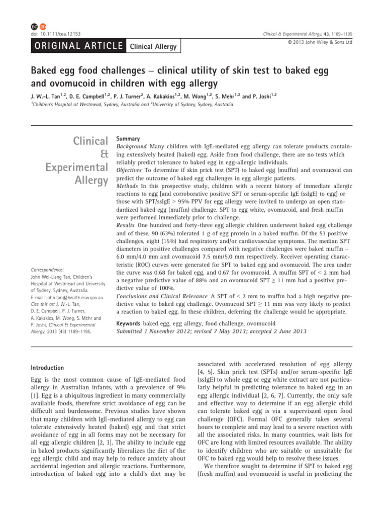 Baked Egg Food Challenges Clinical Utility of Skin Test To Baked Egg | PDF