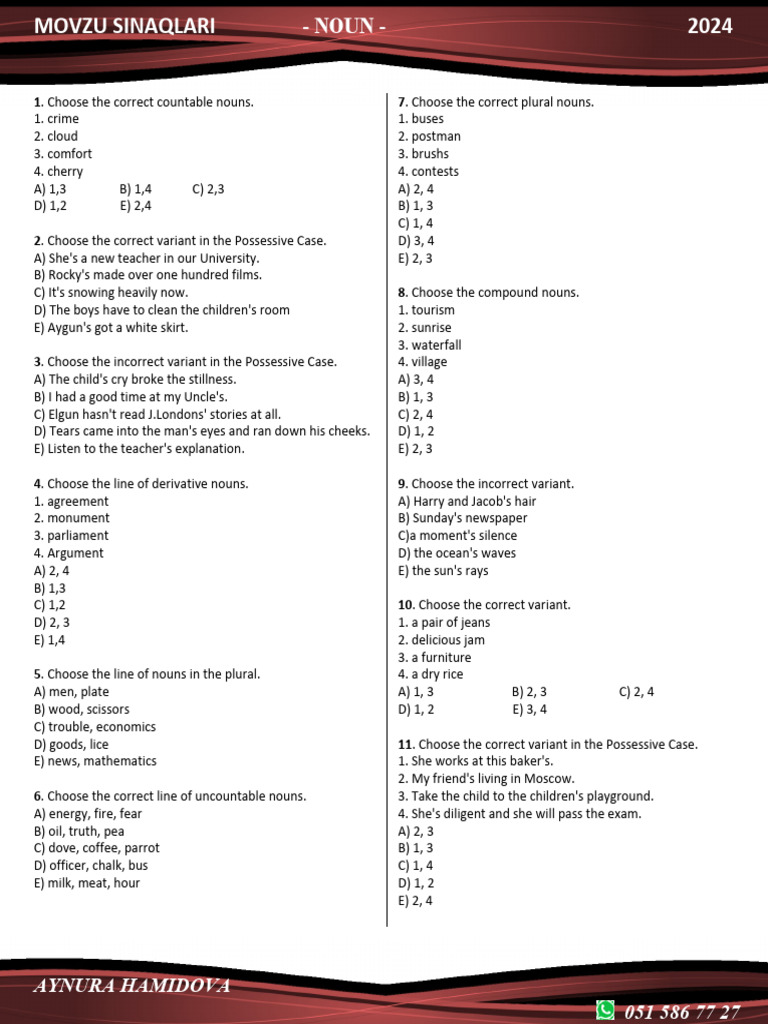 Movzu Sinaqlari 2024 - Noun | PDF