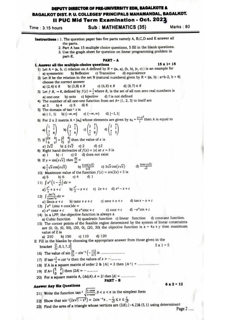 Maths PU2 Mid Term ALL District QP | PDF | Matrix (Mathematics) | Mathematical Objects