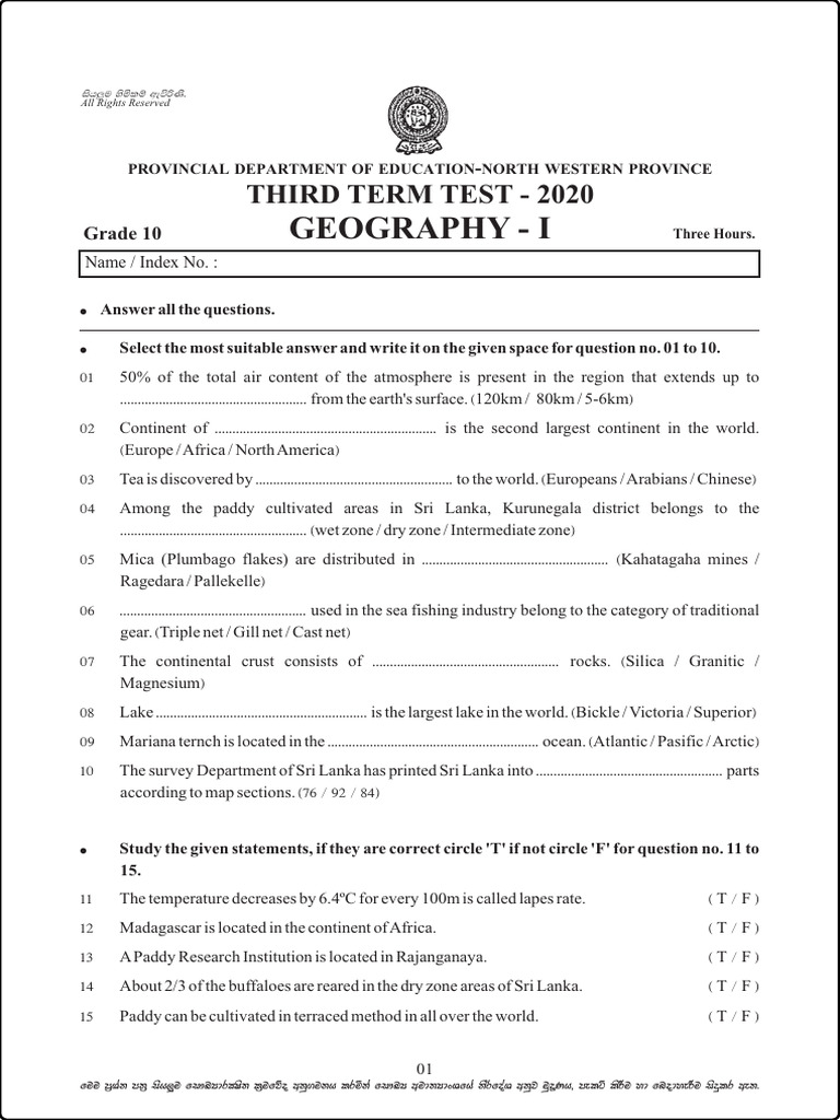 Grade 10 Geography 3rd Term Test Paper 2020 English Medium North ...