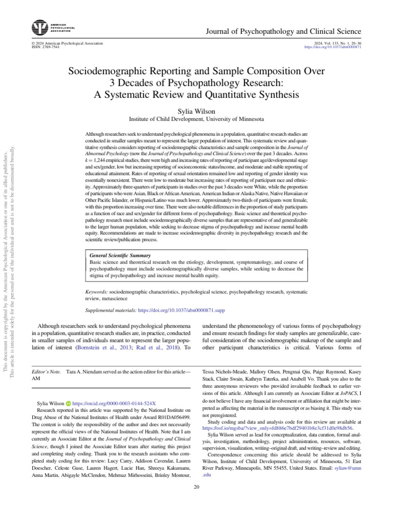 Sociodemographic Reporting and Sample Composition Over 3 Decades of Psychopathology Research A ...