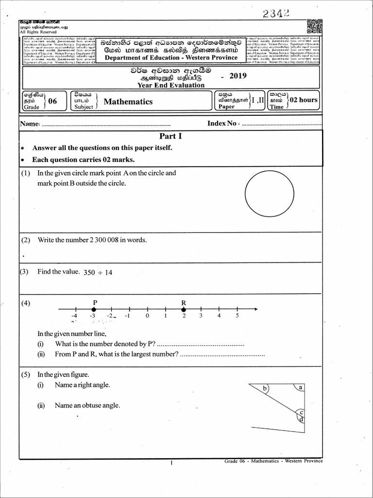 2019 Grade 06 Maths Third Term Paper English Medium Western Province | PDF