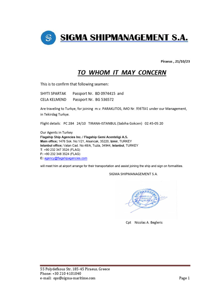 Seaman Letter Ch. Mate | PDF