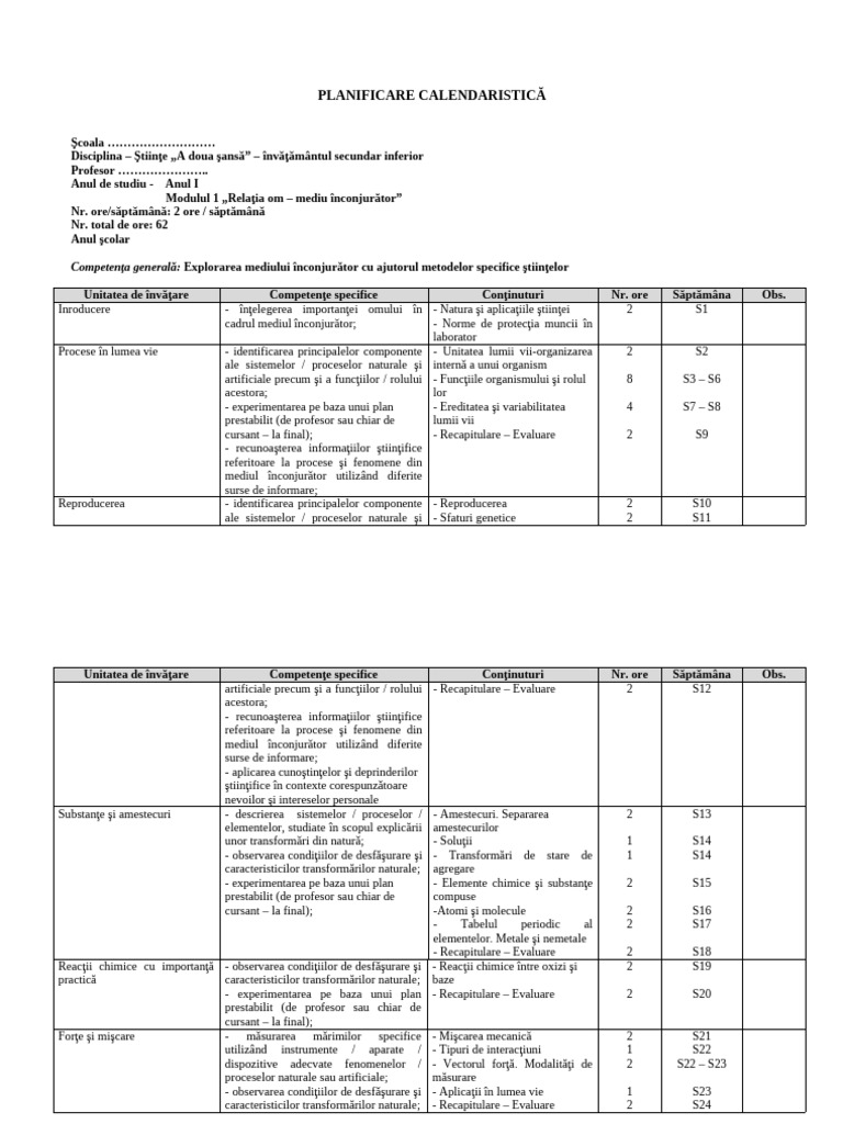 planificare a doua sansa stiinte | PDF