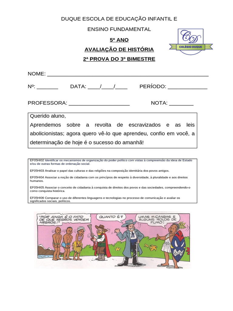 2 Prova 5º Ano 3º B Hist Ok | PDF