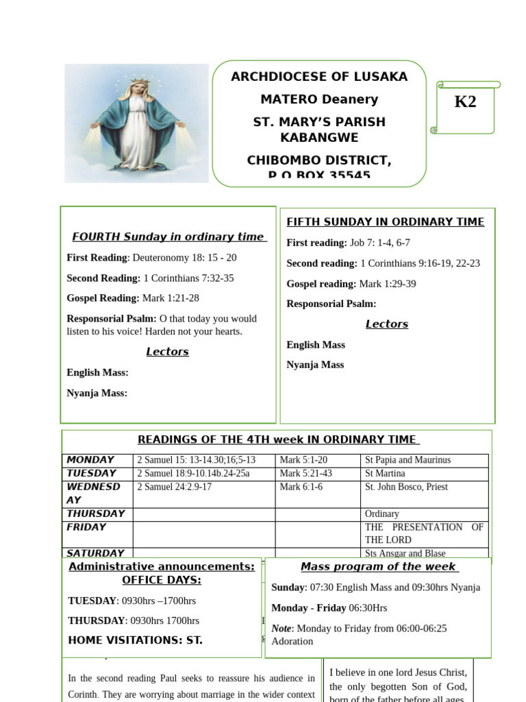 St. Mary's Parish Weekly Bulletin | PDF | Mass (Liturgy) | Christian ...