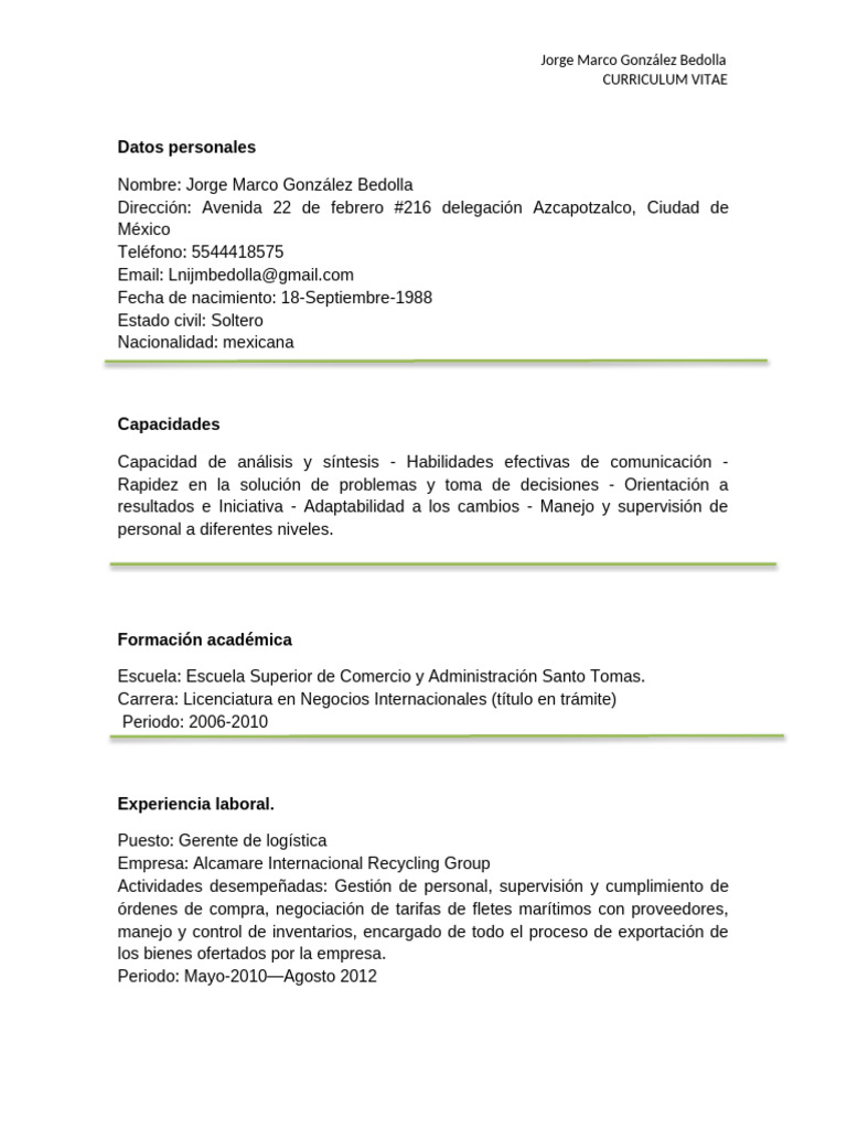 Curriculum Jorge Marco Gonzalez Bedolla | PDF