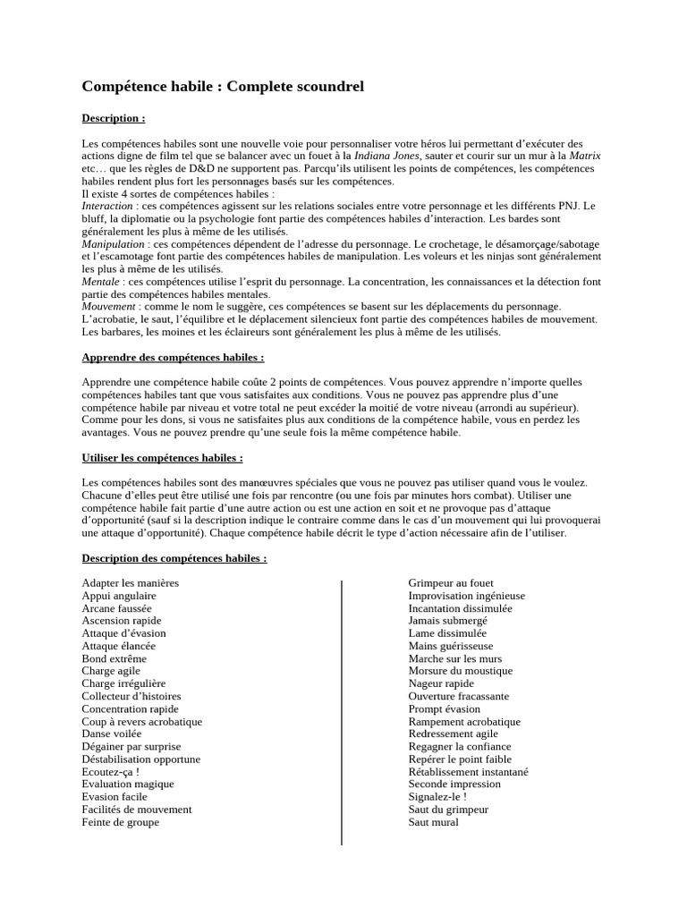 D&D 3.5 - Complete Scoundrel - Compétences Habiles | PDF