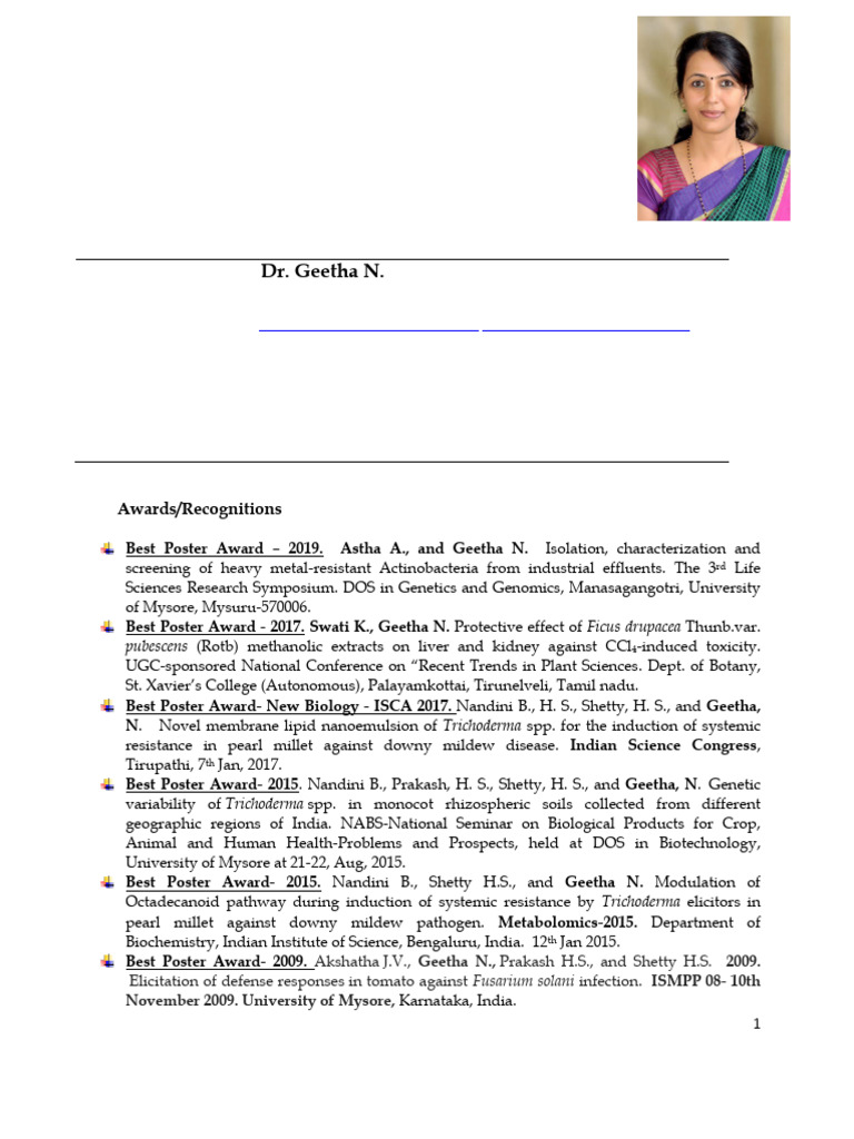 Dr. Geetha N. 2019 Website CV | PDF | Biotechnology | Wellness