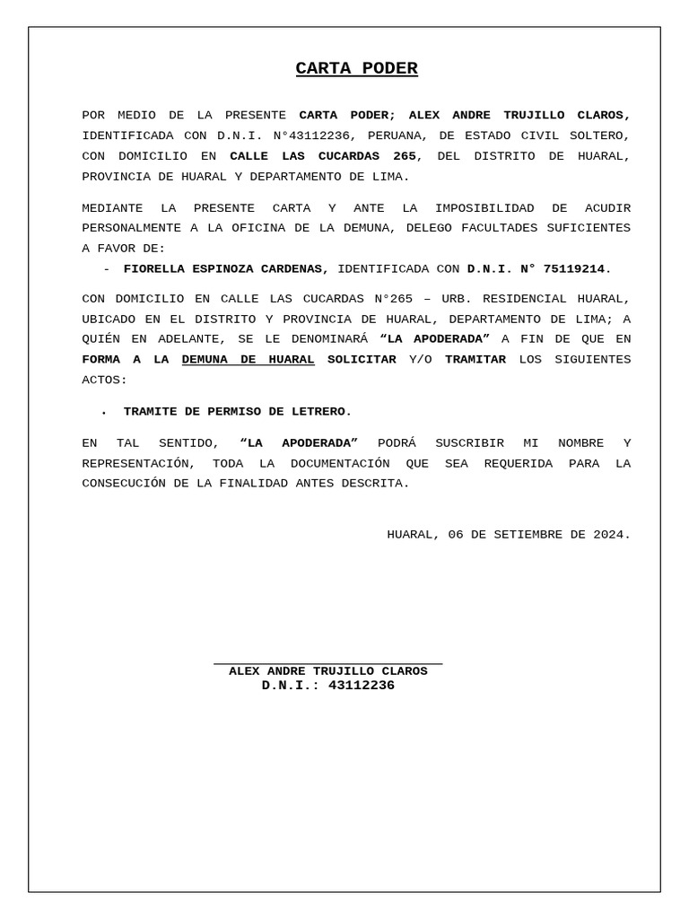 Carta Poder - Fiorella | PDF
