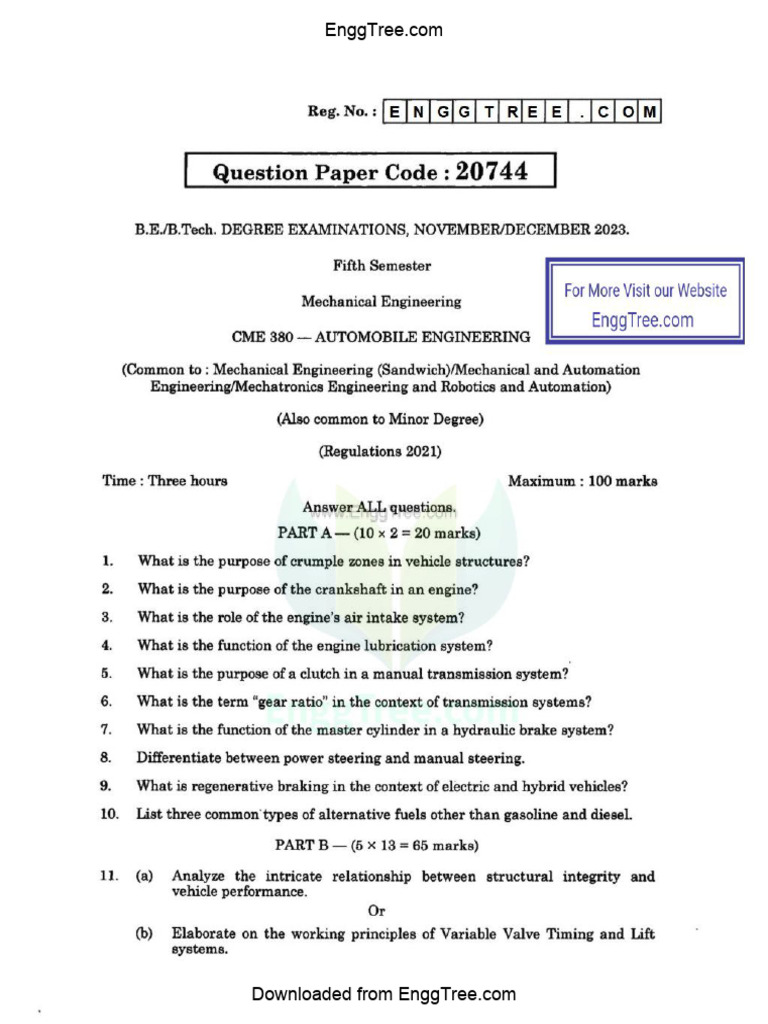 CME380 Automobile Engineering Nov Dec 2023 Question Paper Download | PDF