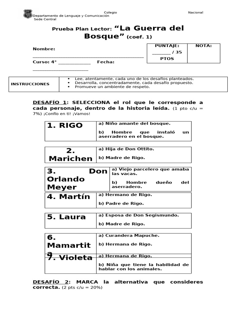 Prueba Plan Lector La Guerra Del Bosque | PDF