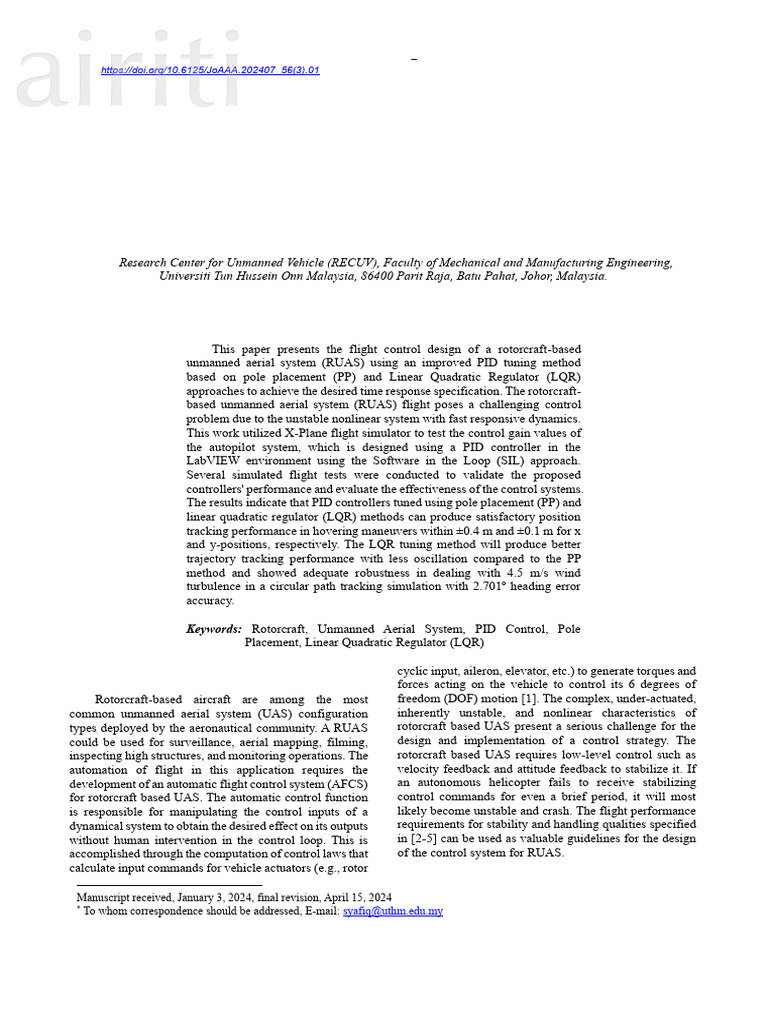 Flight Control System Design For A Rotorcraft-Based Unmanned Aerial System Using Pole Placement ...