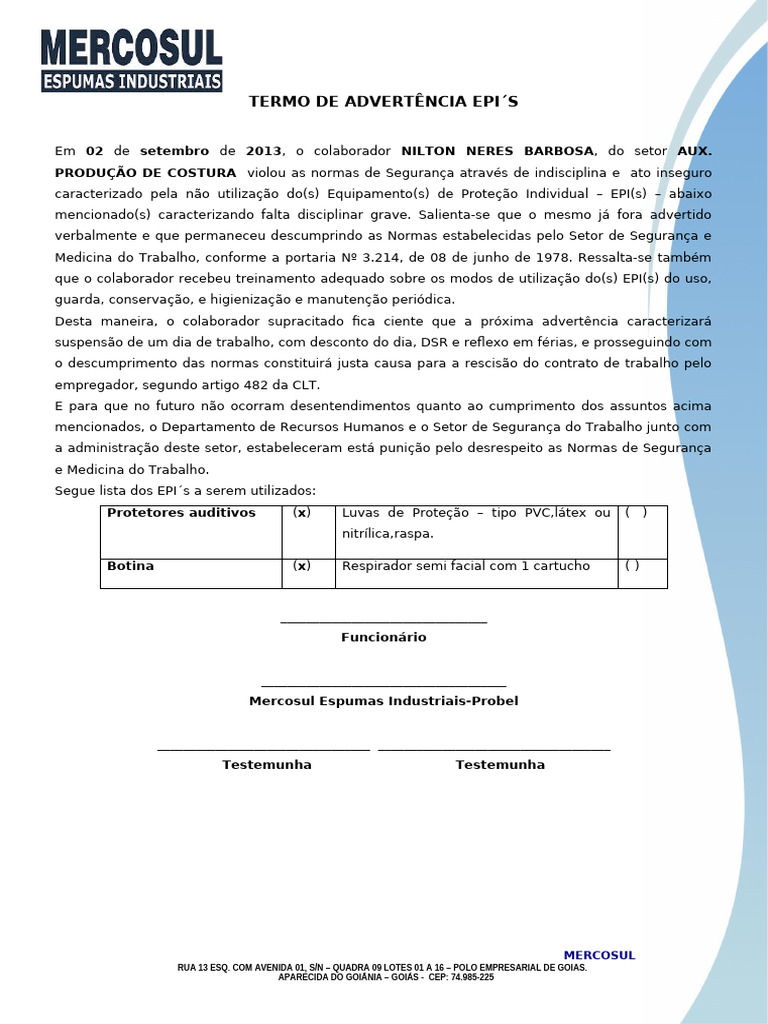 Advertência de Epi - 1 | PDF