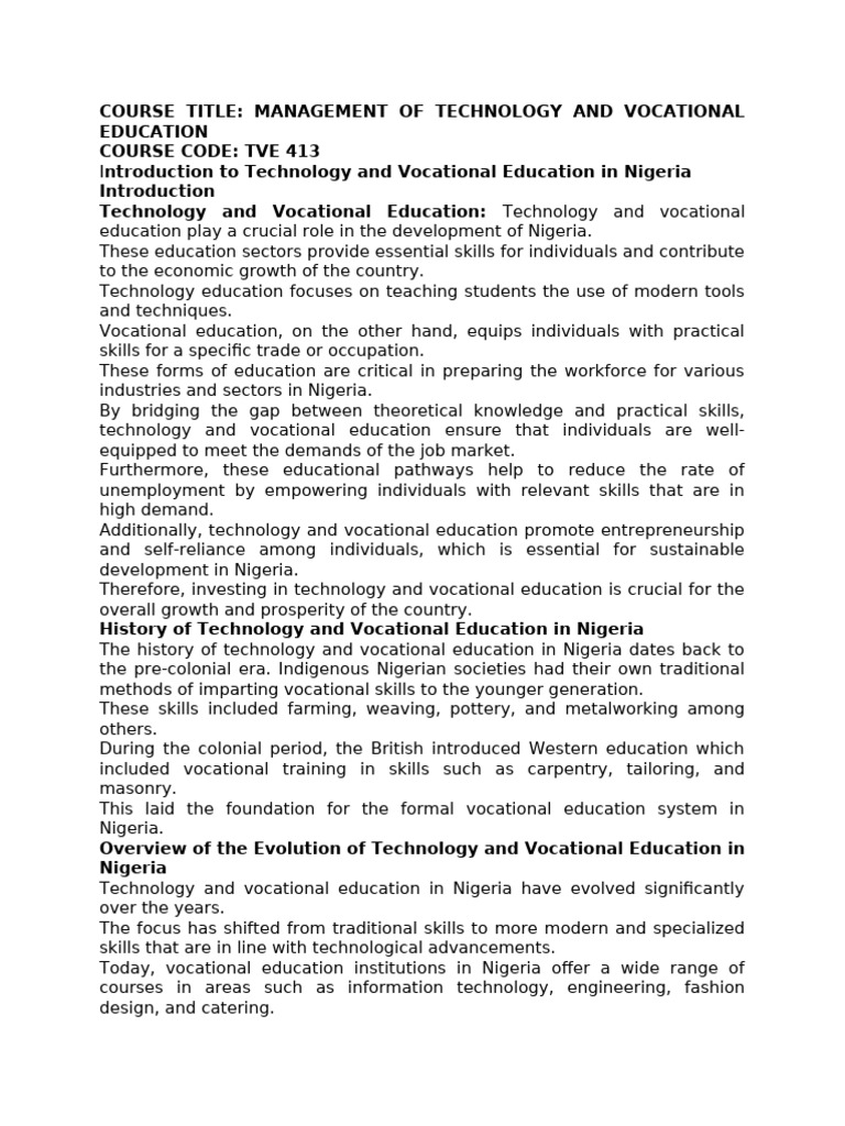 Tve 413 Management of Technology and Vocational Education | PDF