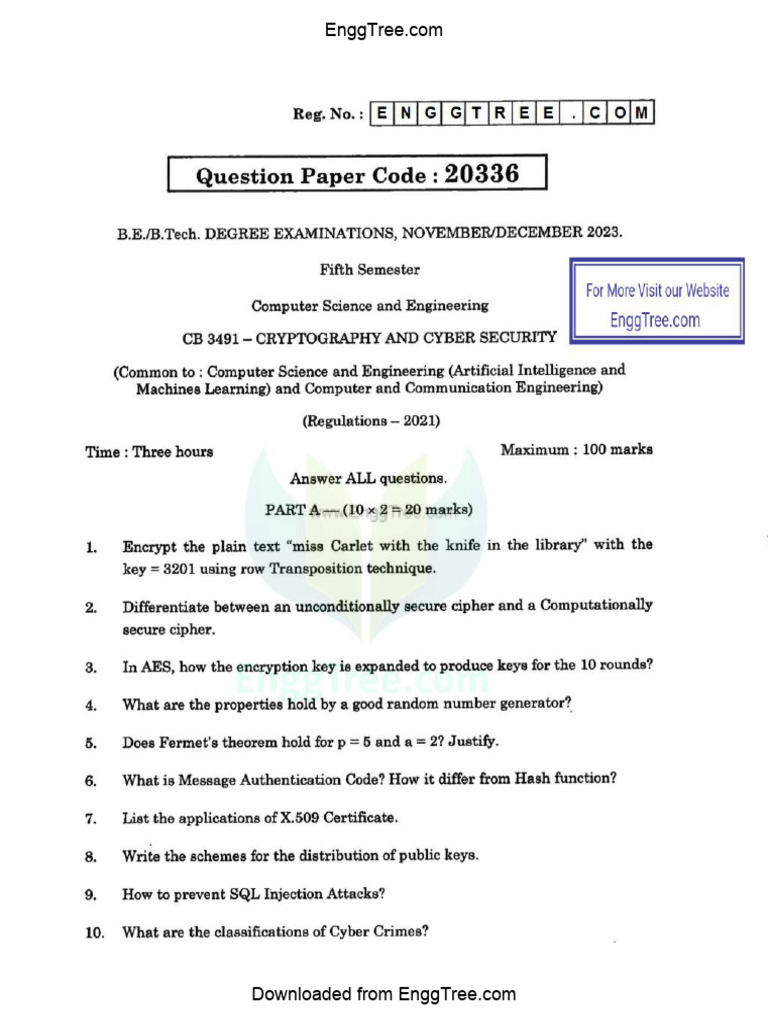 CB3491 Cryptography and Cyber Security Nov Dec 2023 Question Paper Download | PDF | Games ...