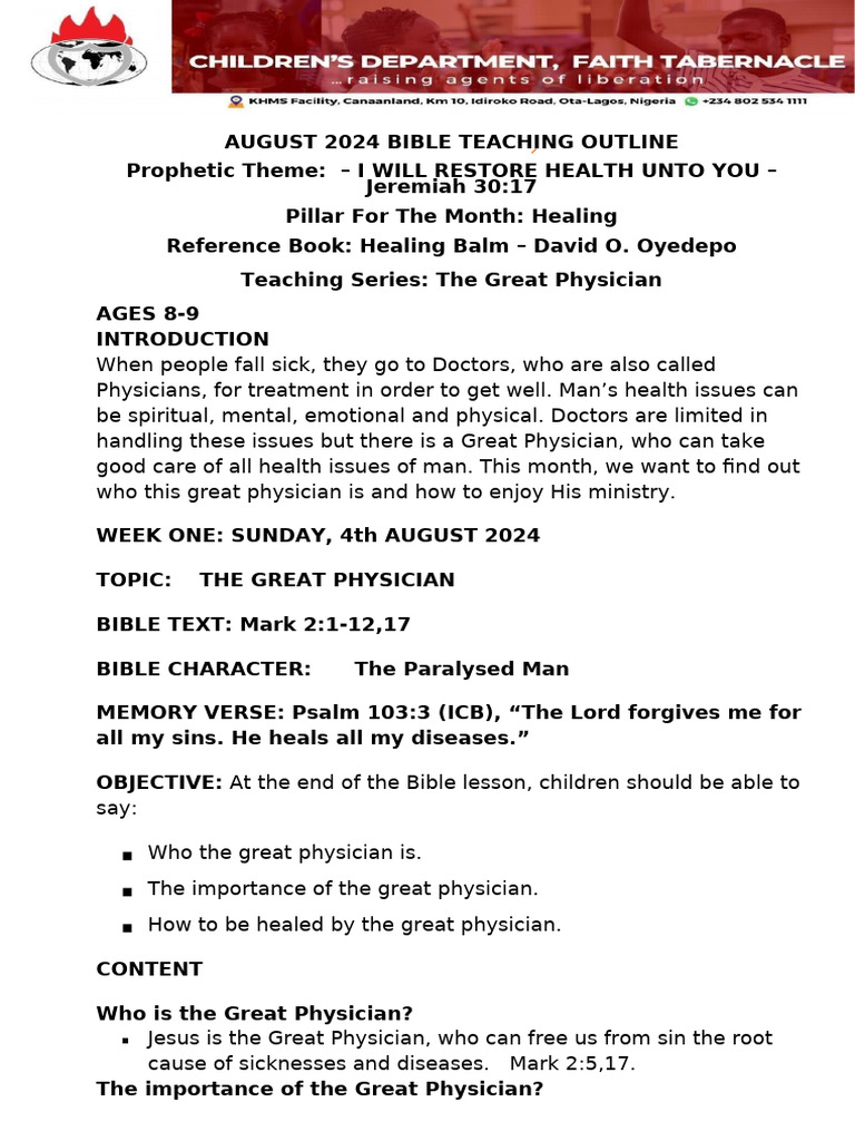 Children Teaching Outline For August Age 8-9 PDF | PDF