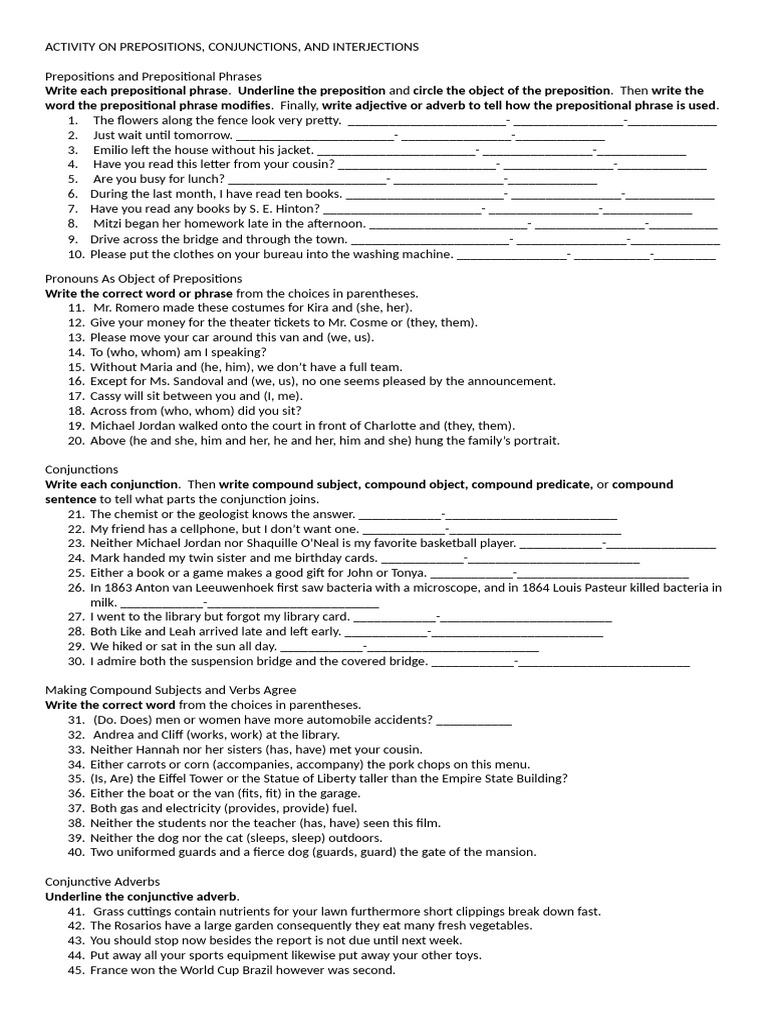 Activity On Prepositions Conjunctions Interjections | PDF