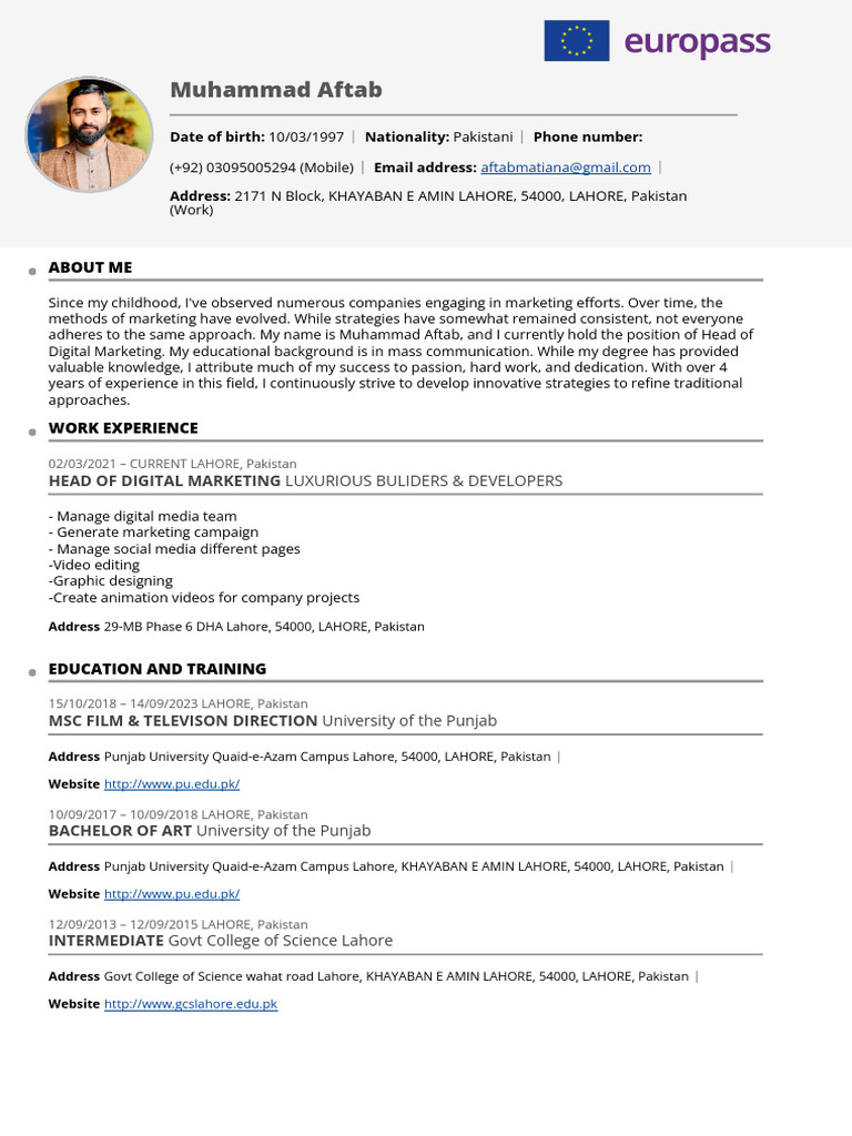 European CV for Digital Marketing Role | PDF | Pakistan | Human ...