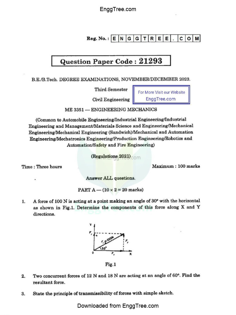 ME3351 Engineering Mechanics Nov Dec 2023 Question Paper Download | PDF ...